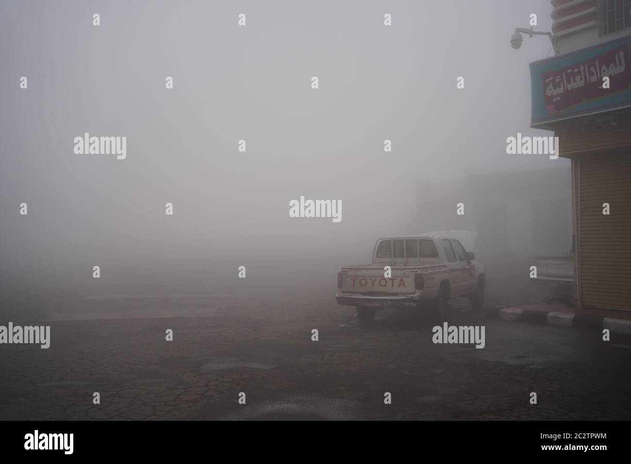 Abha / Saudi Arabia - January 23, 2020: pickup truck in dense fog in ...