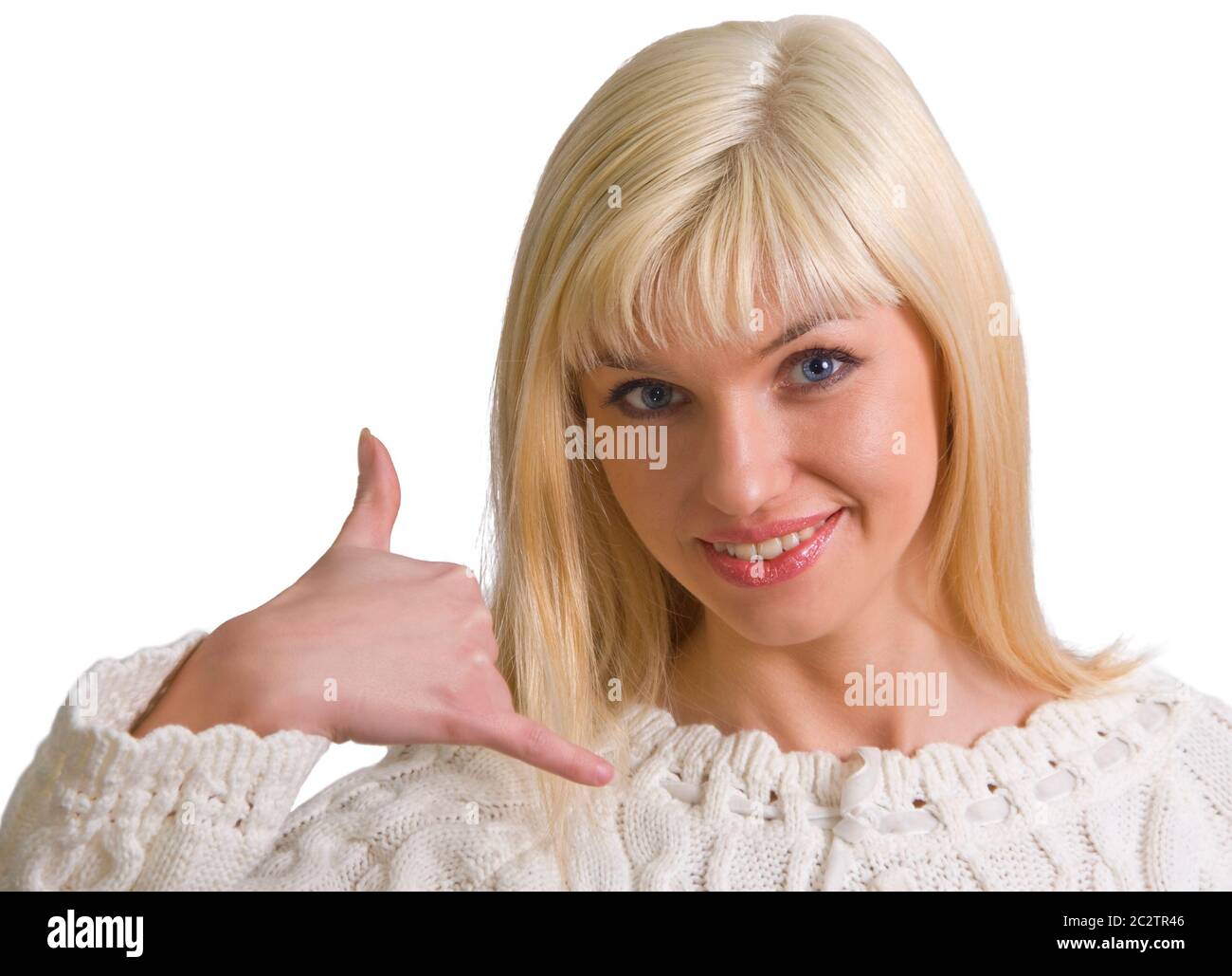 Beautiful woman with "Call me" sign. Isolated Stock Photo - Alamy