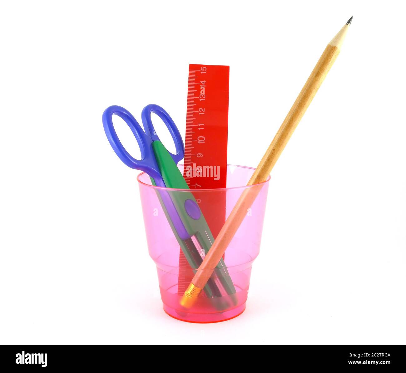 Ruler, pencil and scissors for paperworks in the pink stay Stock Photo ...