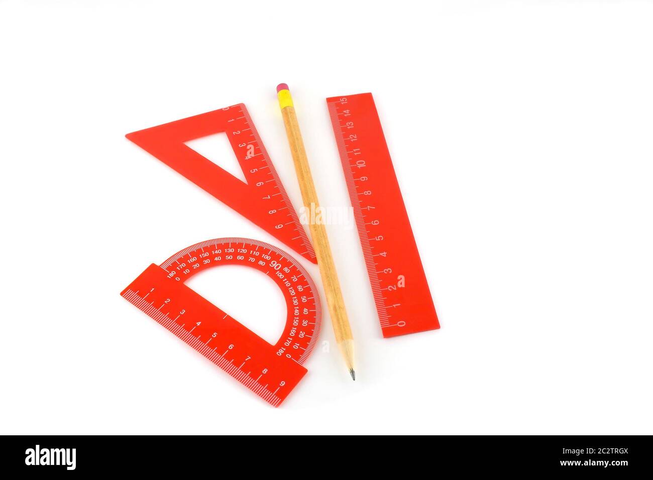 Triangle, protractor, ruler and pencil over white Stock Photo - Alamy