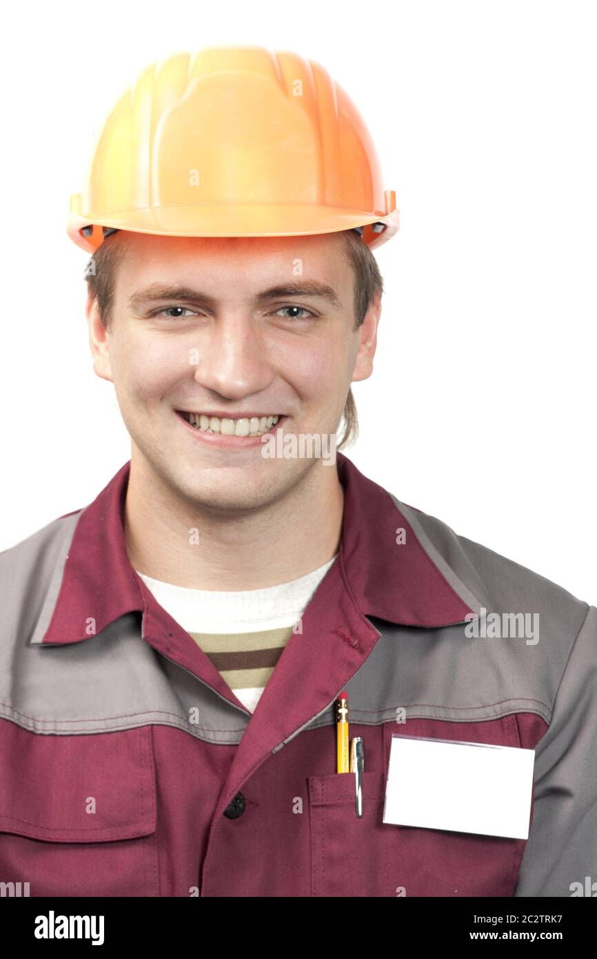 Smiling builder with blank name tag isolated on white Stock Photo - Alamy