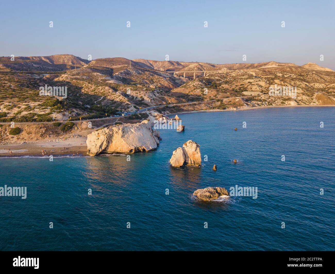 Aphrodite rock at sunset on Paphos Cyprus - aerial view Stock Photo - Alamy