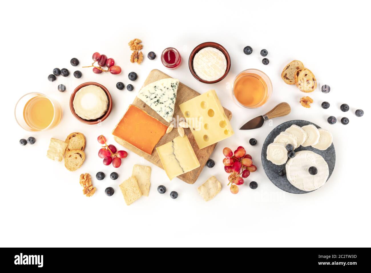 Cheese and wine, tasting and pairing, an overhead flat lay shot on a ...