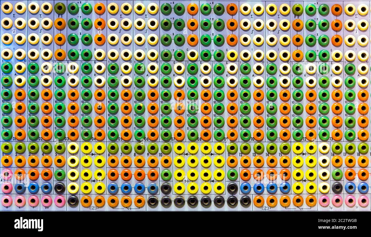 Retro panel with many colorful jacks in computer museum USA Stock Photo ...