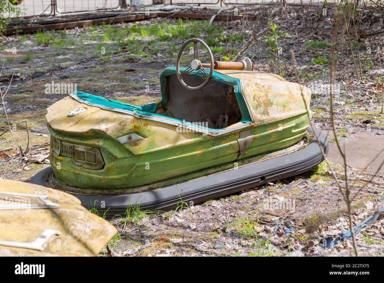 Old broken rusty metal radioactive children's electric cars abandoned ...
