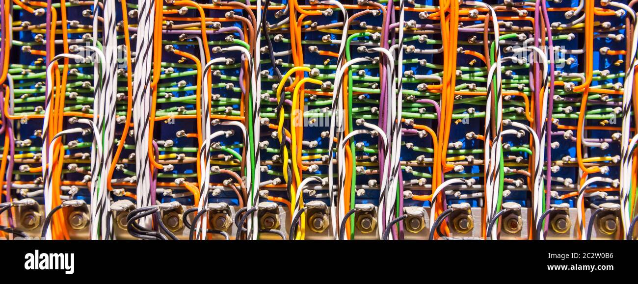 Retro electronic control box with lots of colorful wires and cables ...