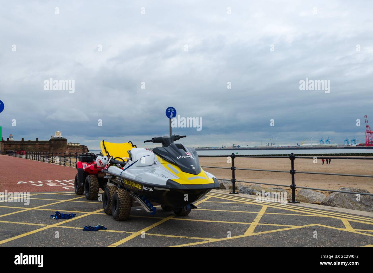 New Brighton, UK: Jun 3, 2020: A RNLI lifeguard jet-ski is seen on a ...