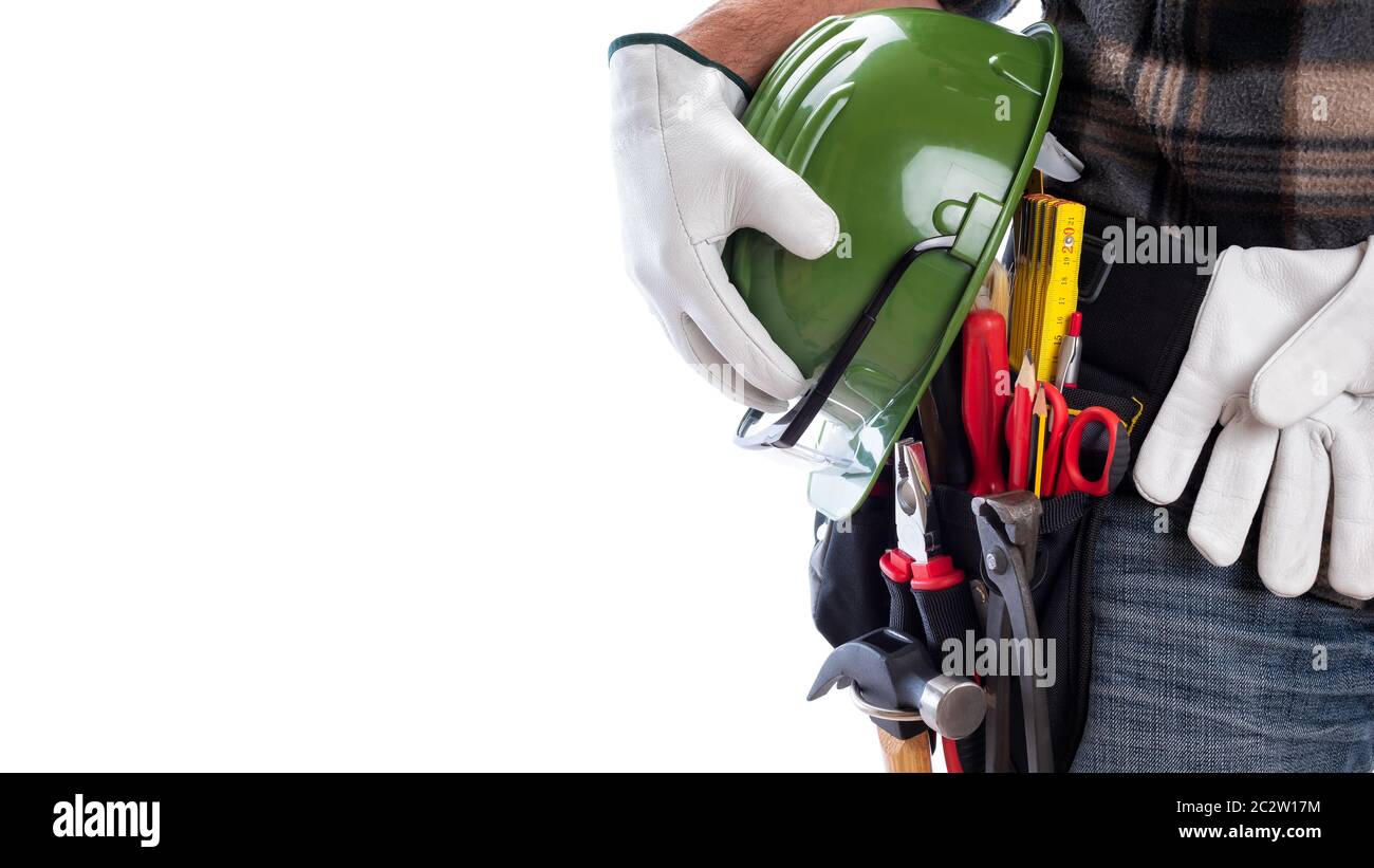 Carpenter isolated on a white background; he wears leather work gloves ...