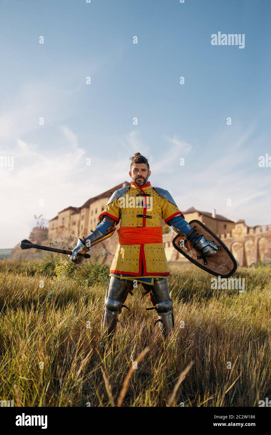 Medieval knight poses in armor opposite the castle, great tournament ...