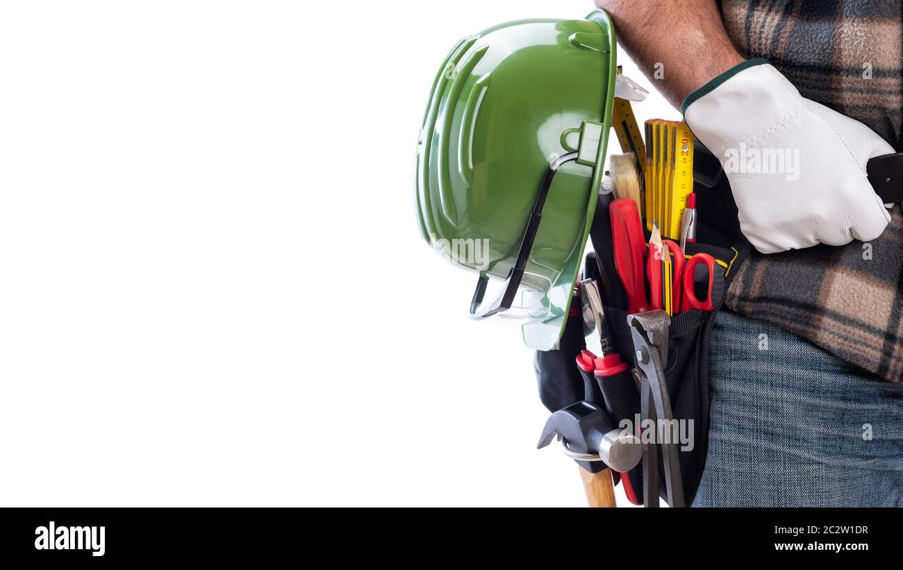 Carpenter isolated on a white background; he wears leather work gloves ...