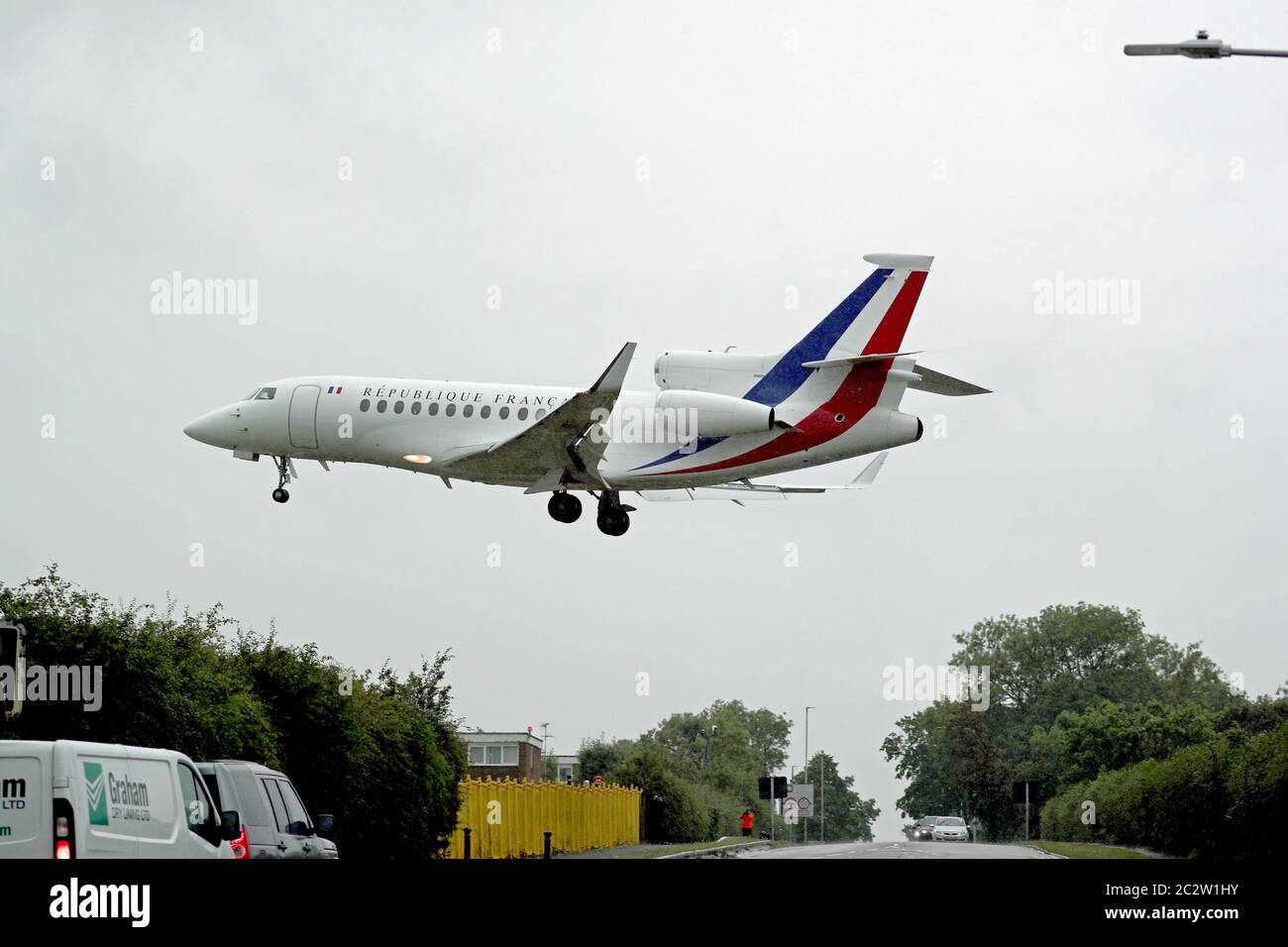 A plane carrying French president Emmanuel Macron lands at RAF Northolt ...