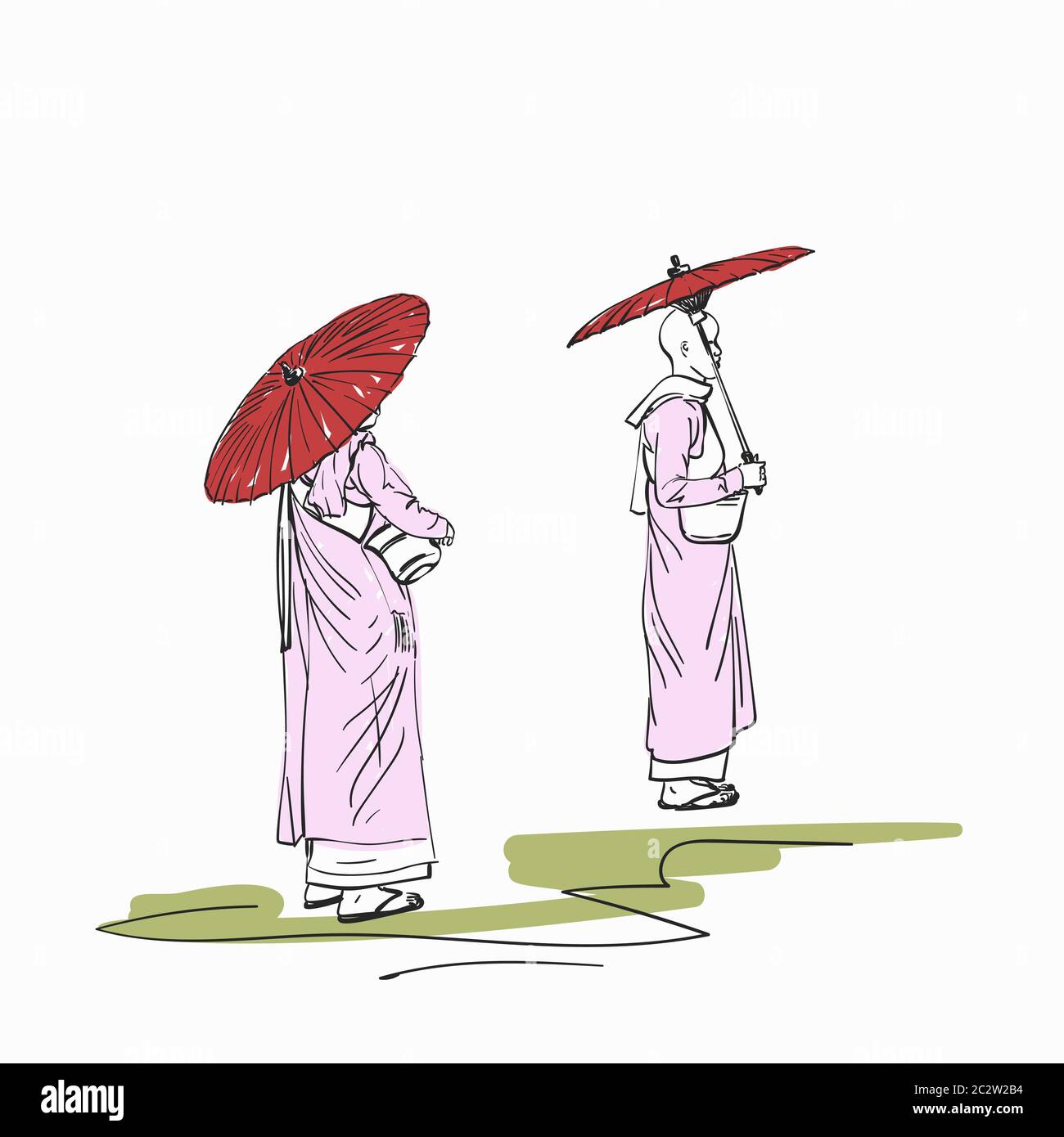Sketch of Burmese buddhist nuns with red sun umbrellas, Hand drawn ...