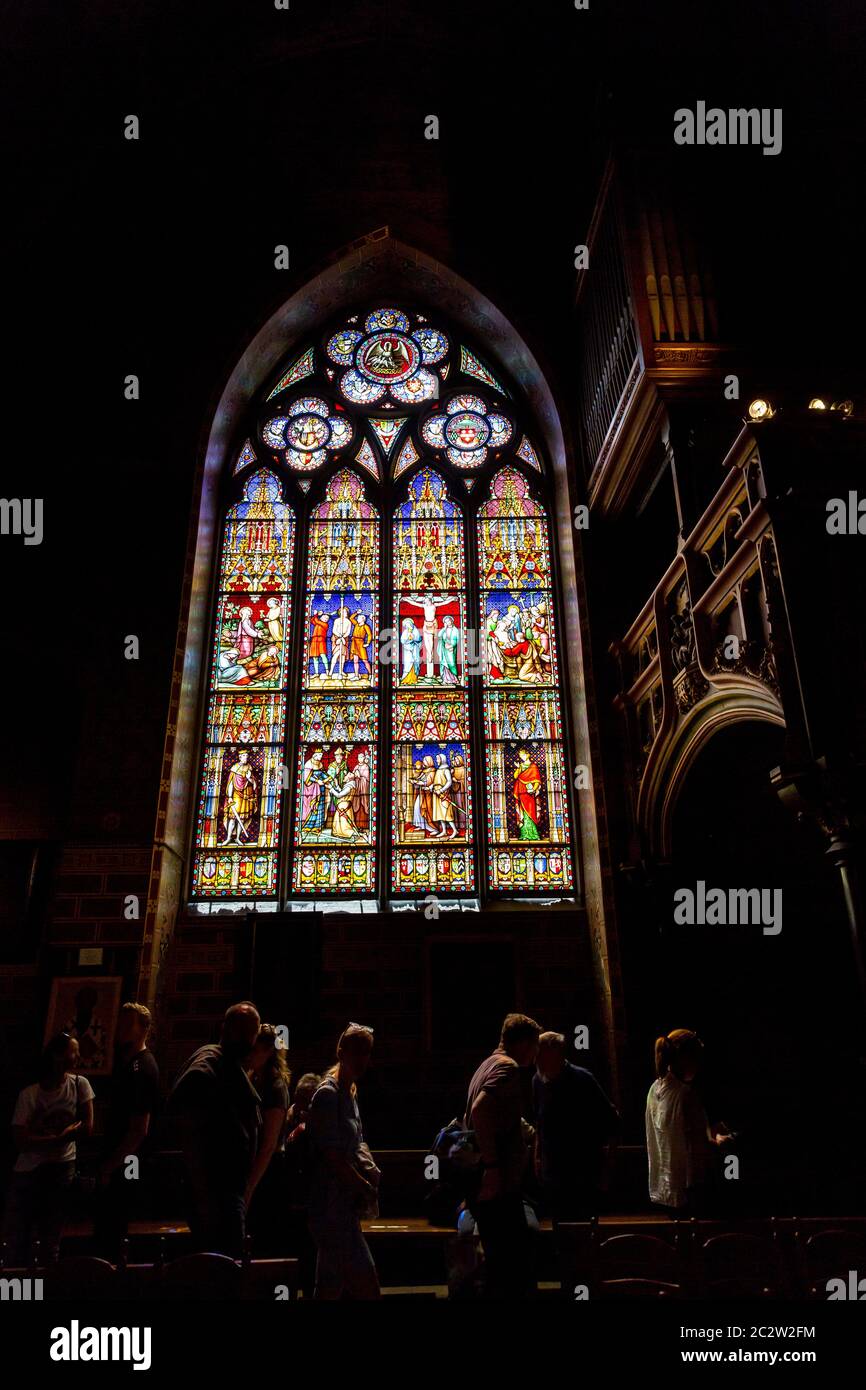 Window with mosaic in old church, Europe. Ancient european architecture ...
