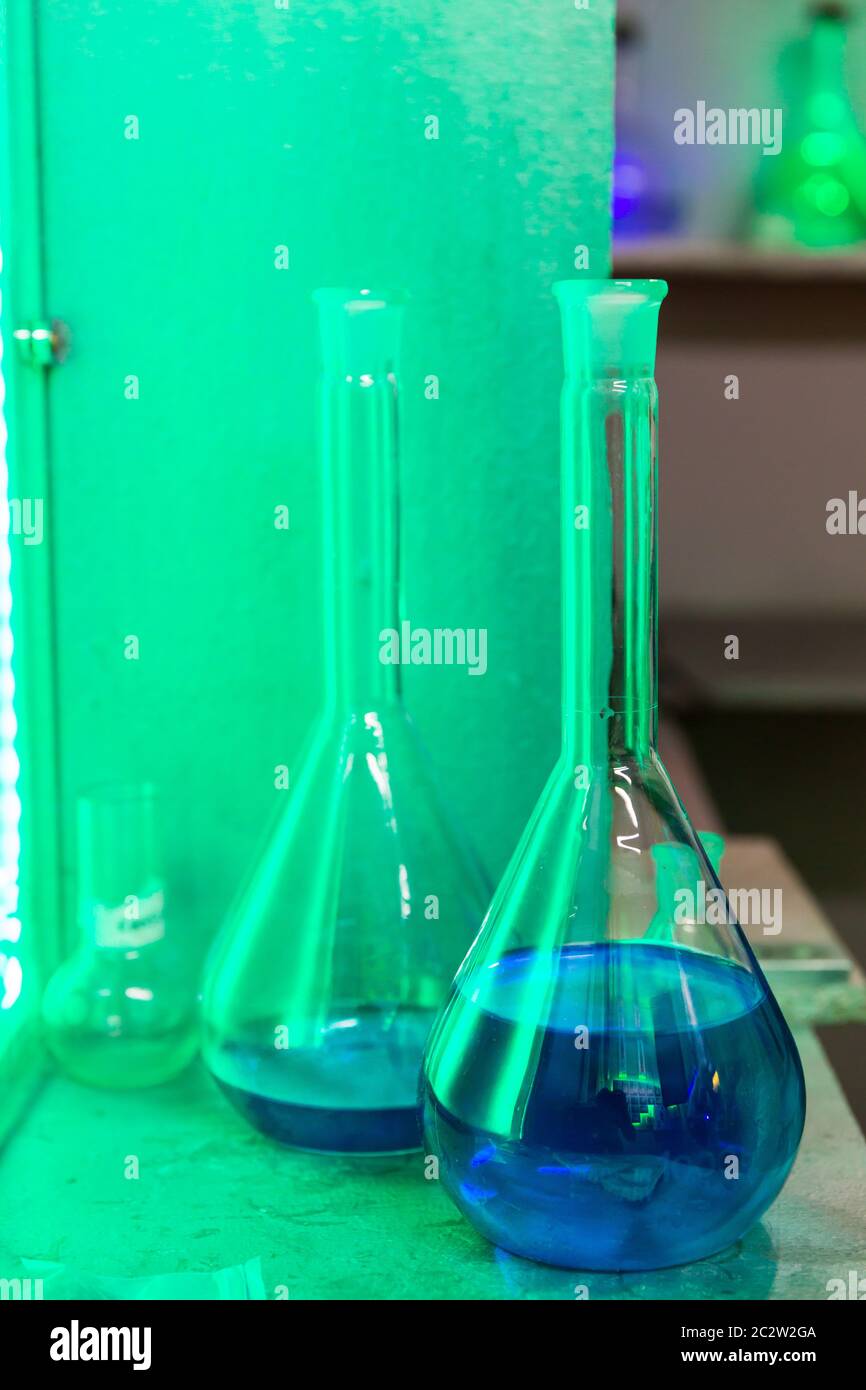 Two flasks with chemical reagents Stock Photo - Alamy