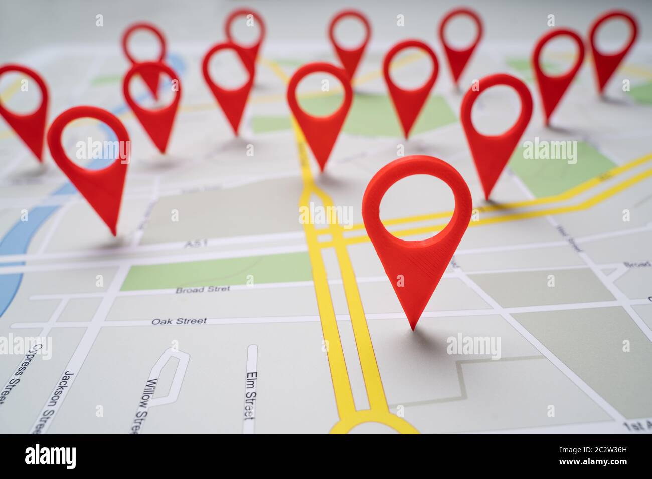 Close-up Of A Road Map With Red Navigation Icons Stock Photo - Alamy