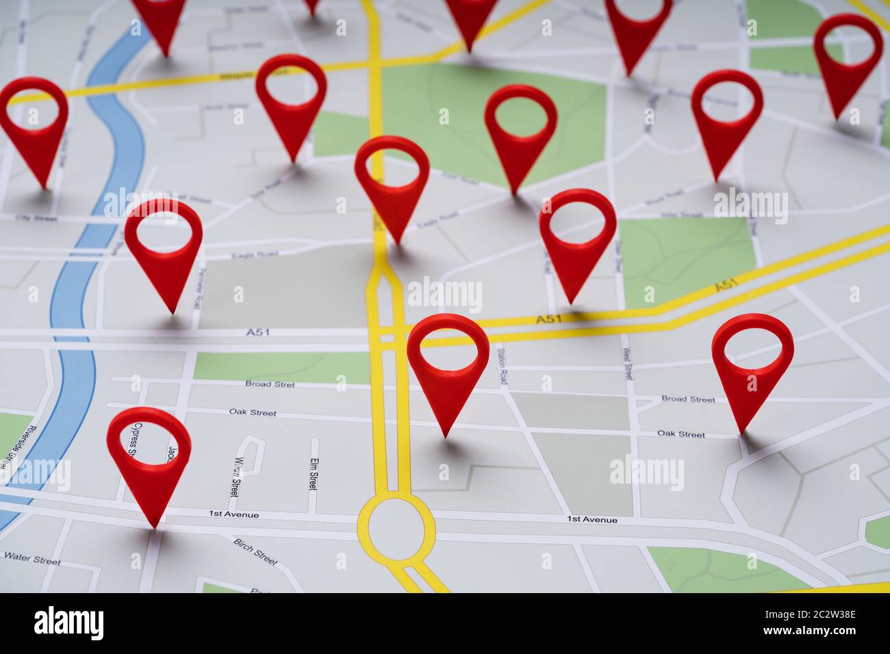 Close-up Of A Road Map With Red Navigation Icons Stock Photo - Alamy