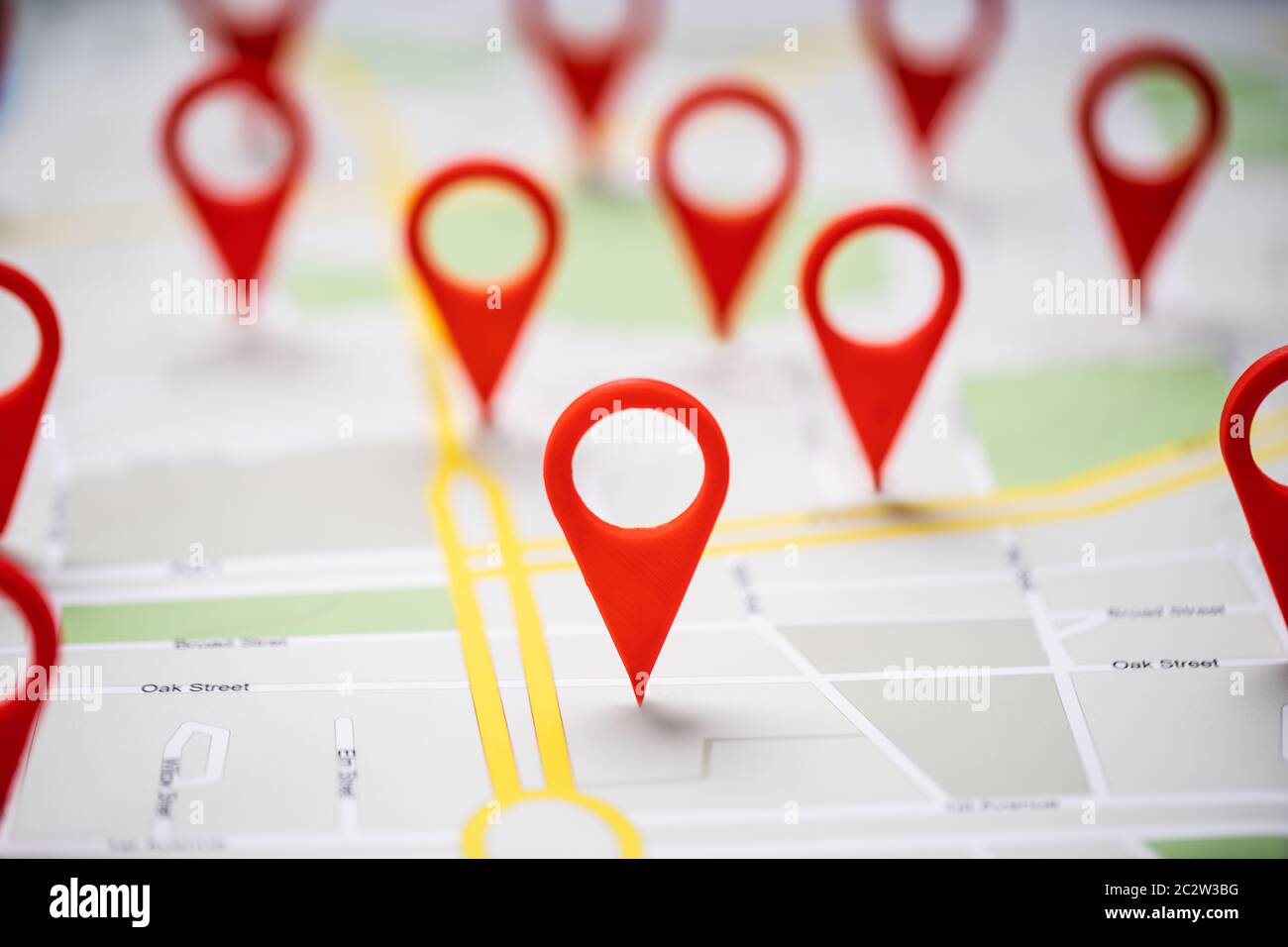 Close-up Of A Road Map With Red Navigation Icons Stock Photo - Alamy