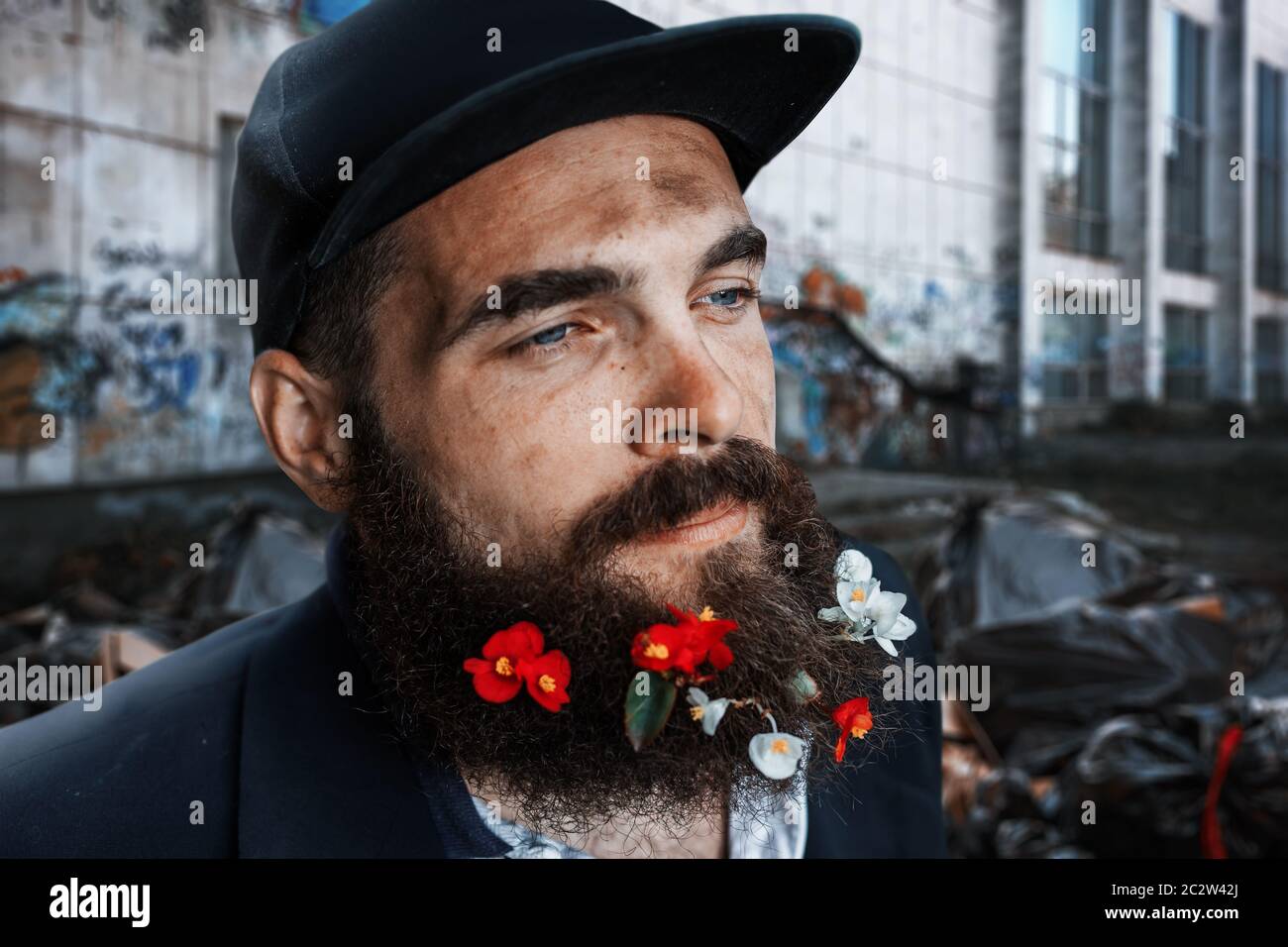 Bearded homeless sitting in flowerbed with flowers in his beard Stock ...