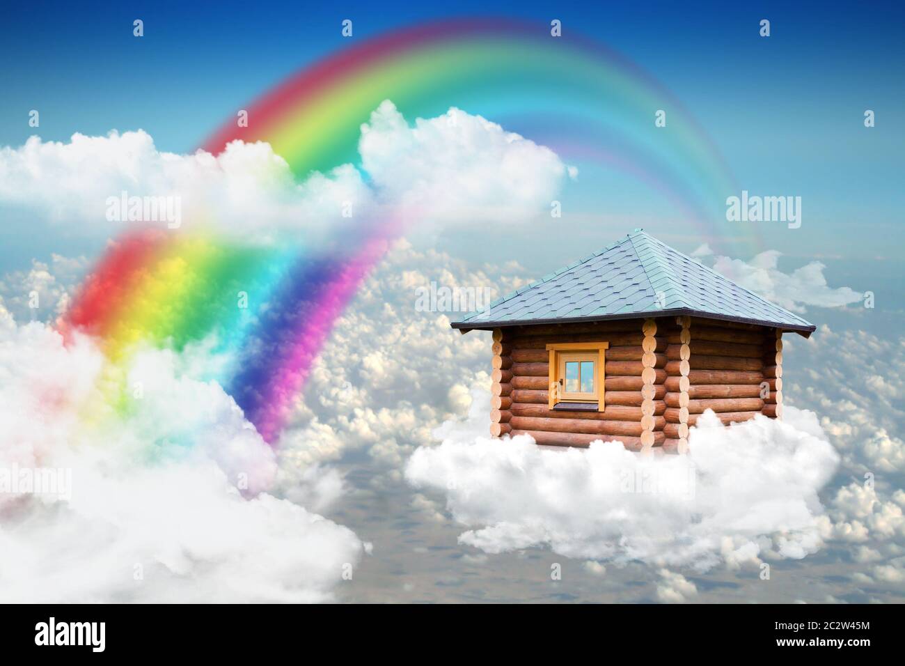 Small wooden house flying on cloud in sky near rainbow Stock Photo - Alamy