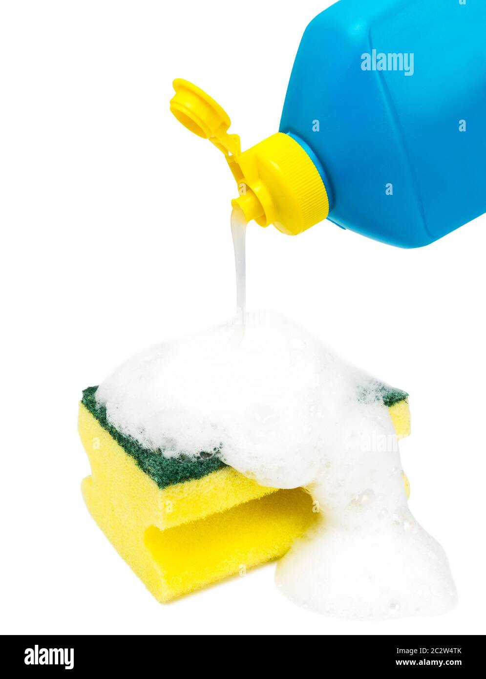dishwashing liquid bottle and sponge covered with foam Stock Photo - Alamy