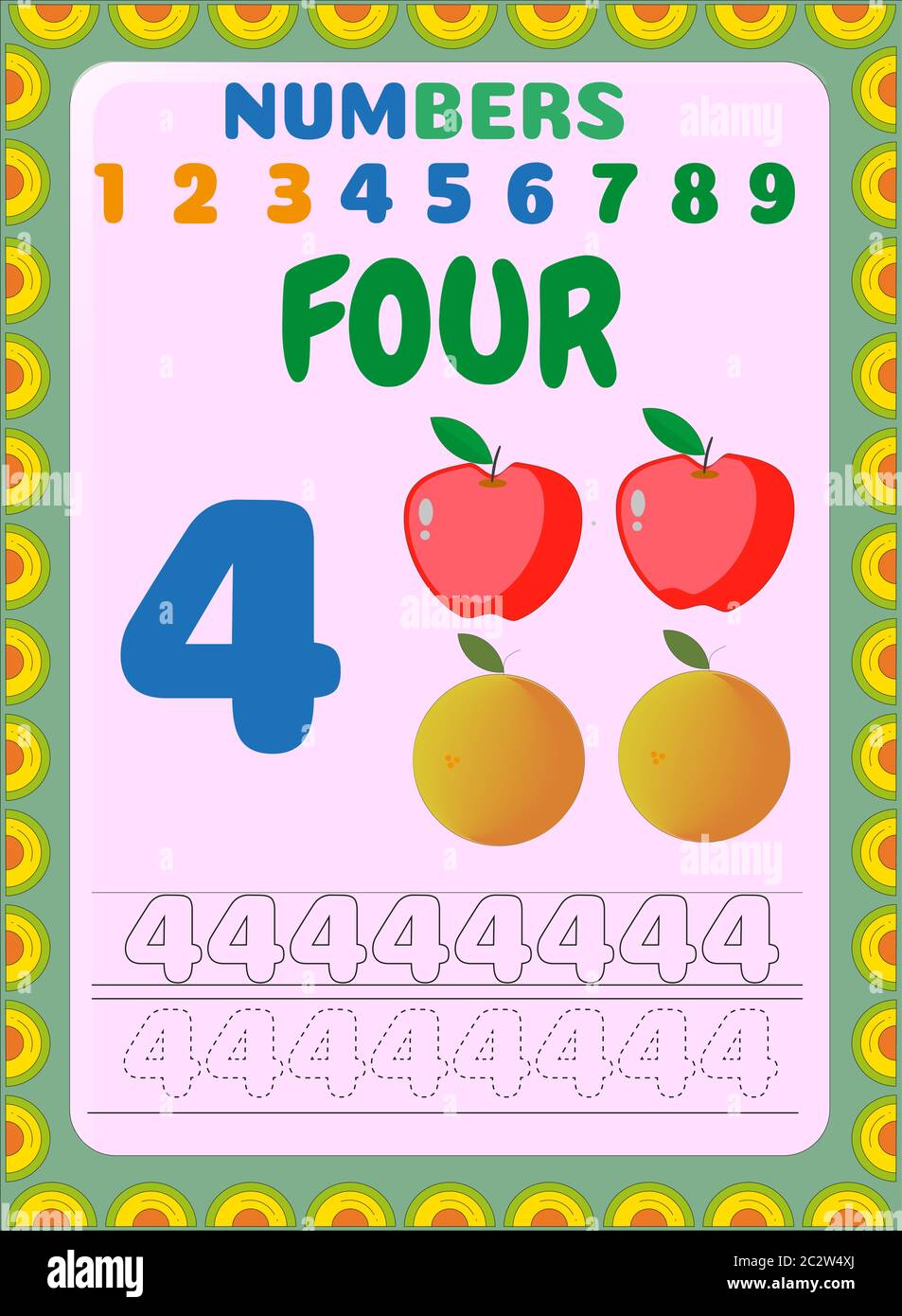 Preschool and toddler math with red apple and orange design Stock ...