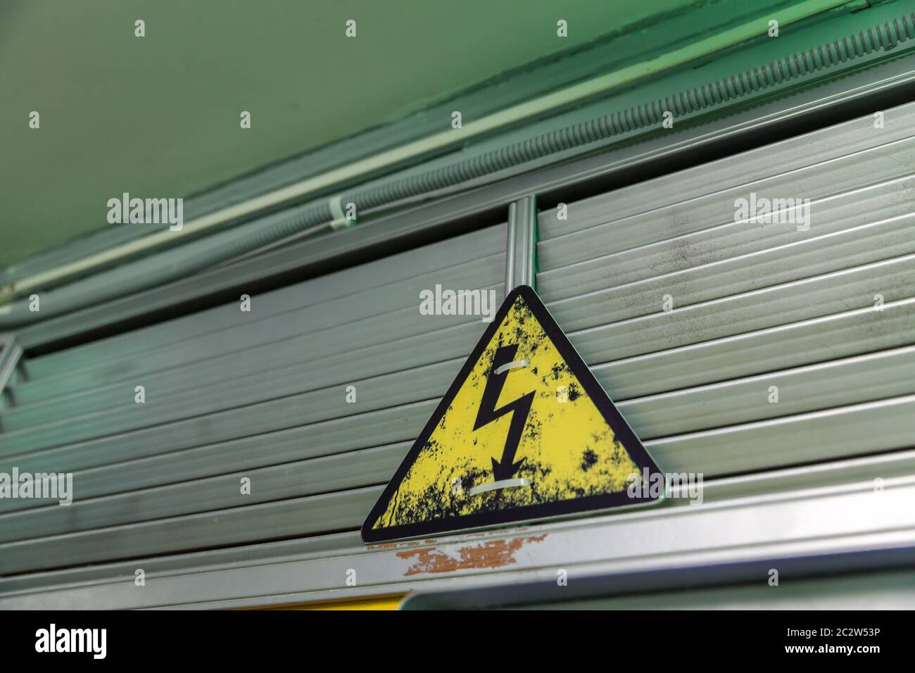 Close up of electricity warning sign on the ventilation panel Stock ...