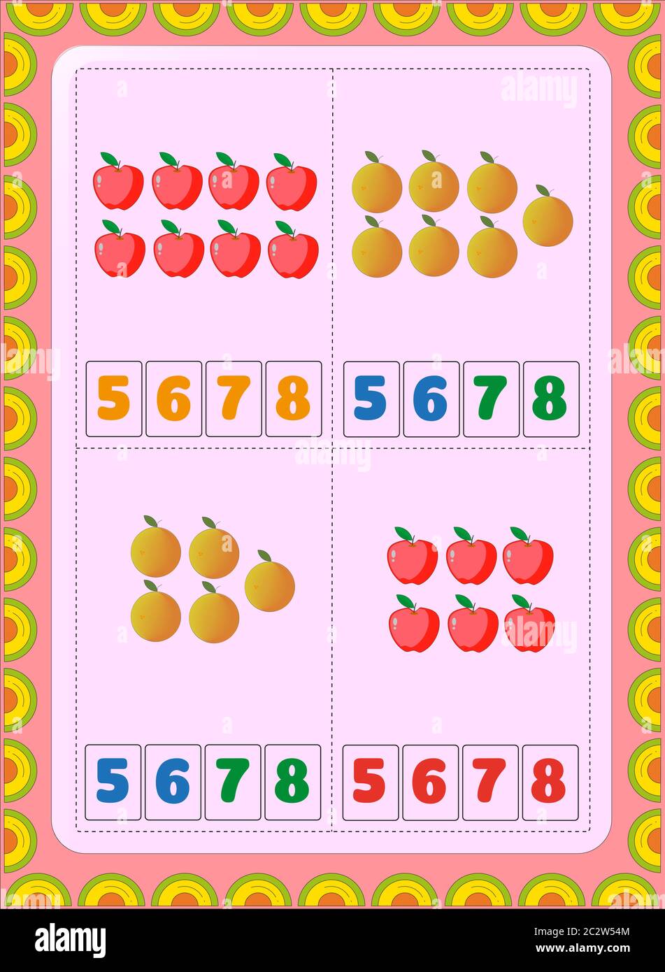 Preschool and toddler math with red apple and orange design Stock ...