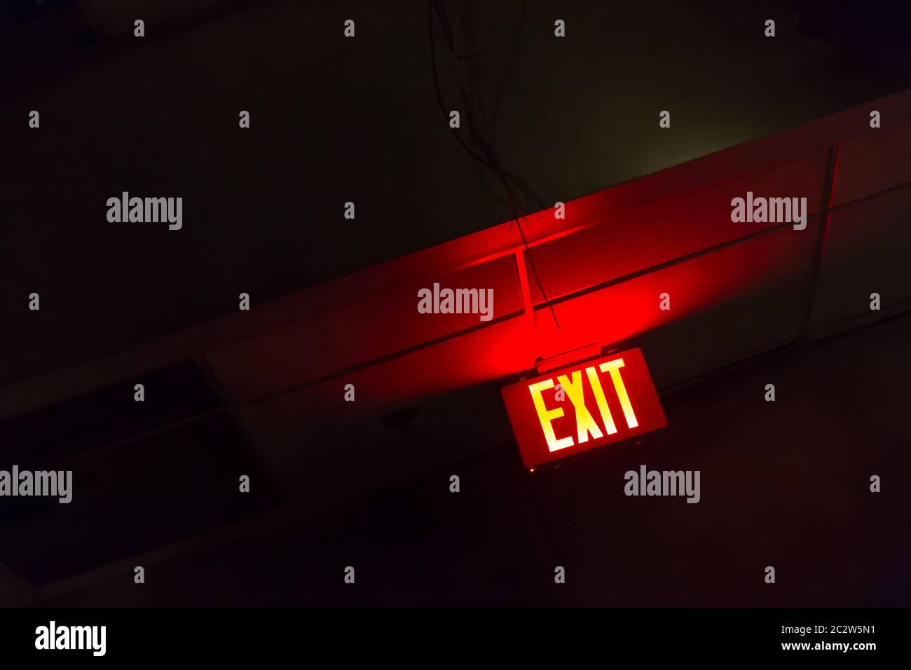 Illuminated red exit sign. Red light sign on the black background Stock ...