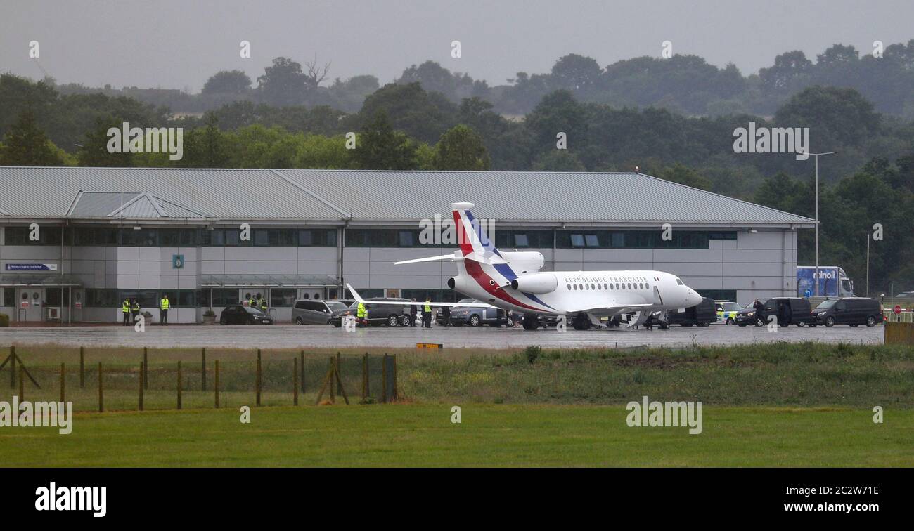A plane carrying French president Emmanuel Macron at RAF Northolt as he ...