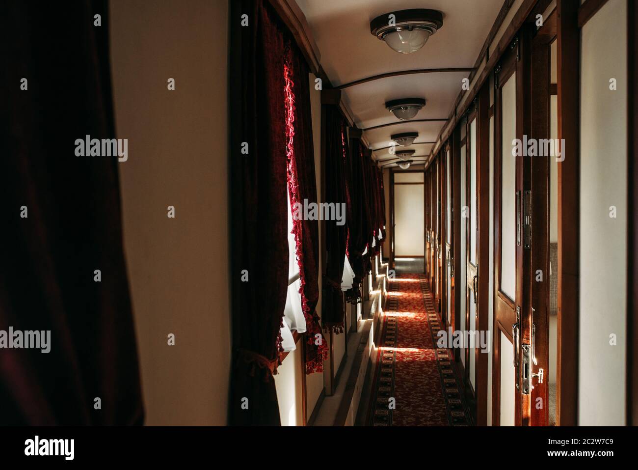 Vintage train, rich retro wagon interior, nobody. Railway journey ...