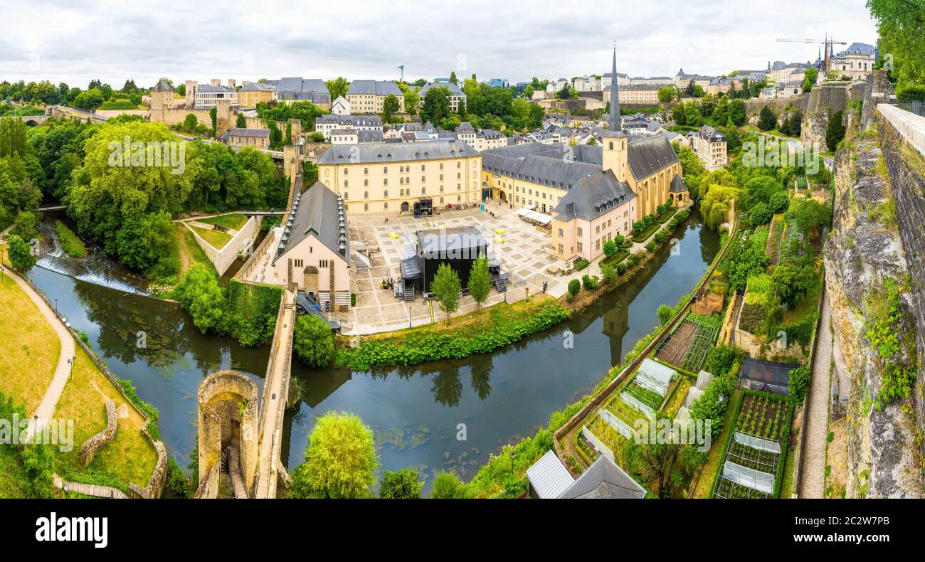 Luxembourg cityscape, ancient church on river, panorama. Old european ...