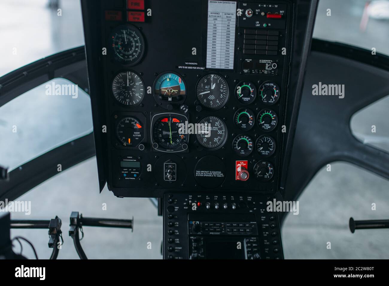 Inside helicopter cabin, control panel, nobody. Dashboard in cockpit of ...