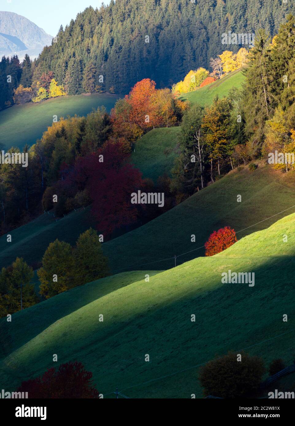 Hills. Light and shadow. Autumn morning mountain village environs with ...