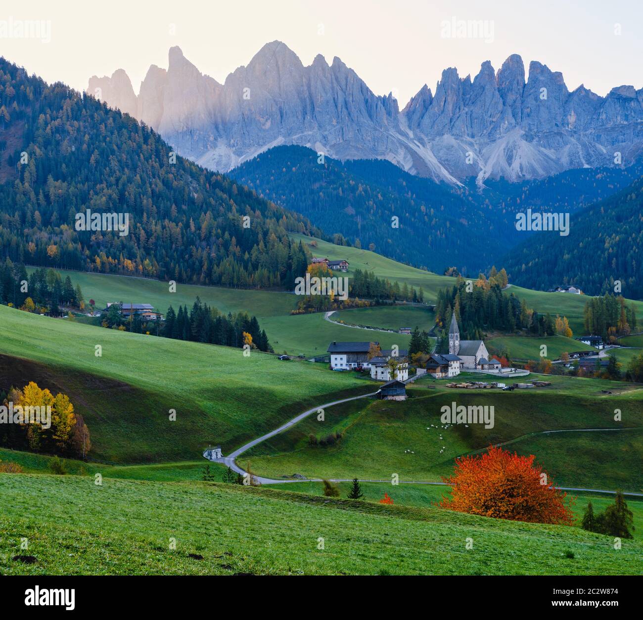 Autumn daybreak Santa Magdalena famous Italy Dolomites village view in ...