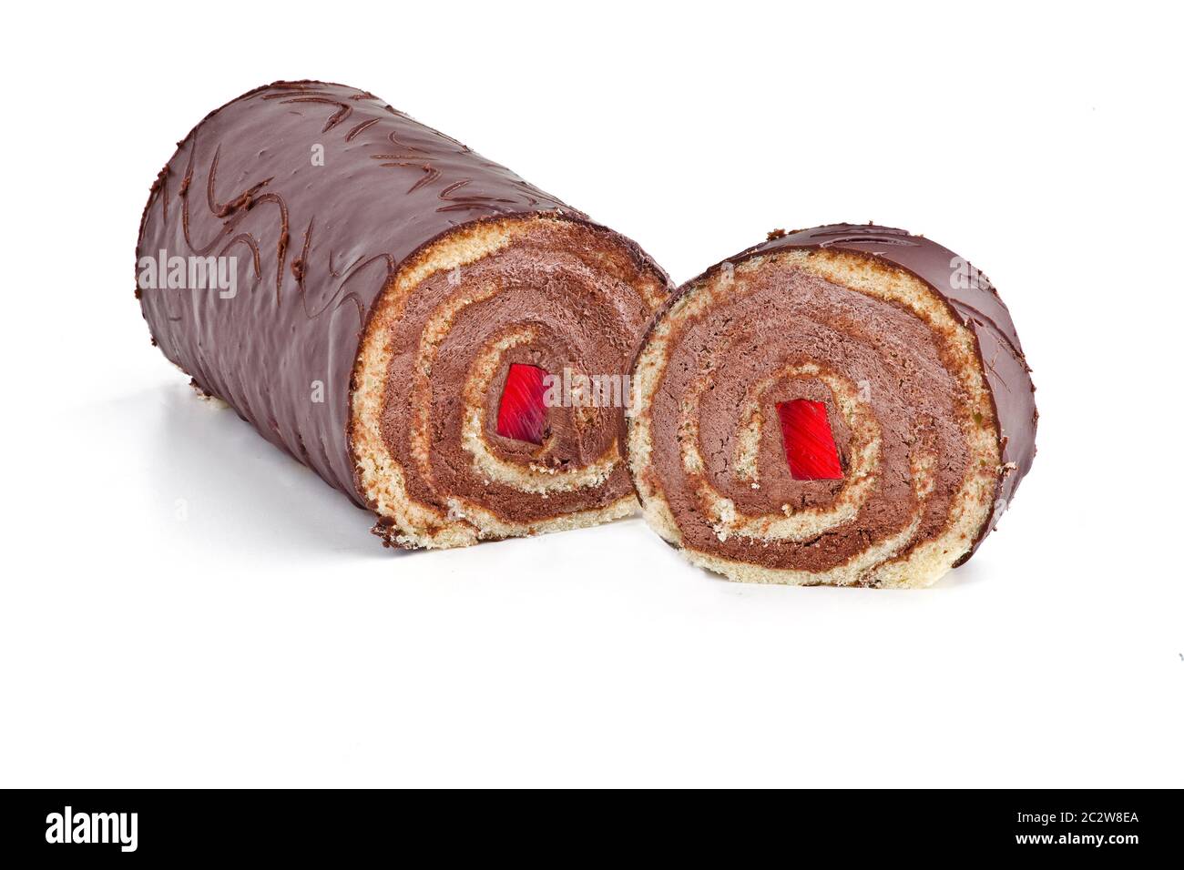 Chocolate roulade with jelly inside. A large portion with one slice ...