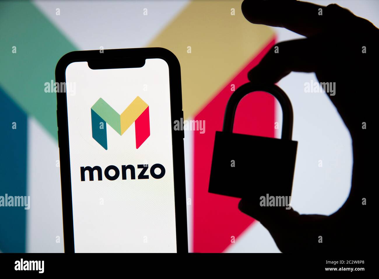 LONDON, UK - June 2020: Monzo online bank logo with security padlock ...