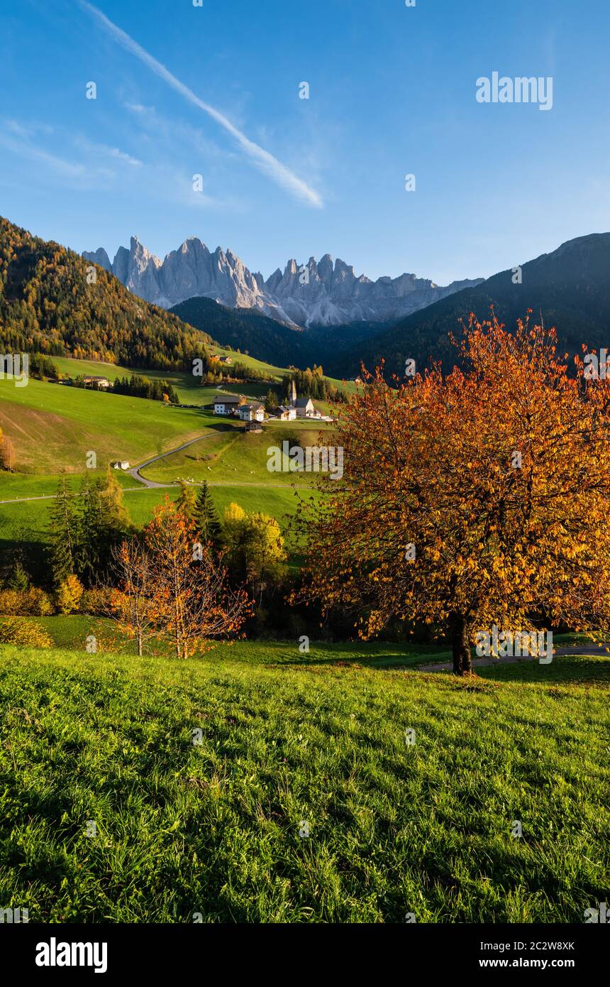Autumn evening Santa Magdalena famous Italy Dolomites village view in ...