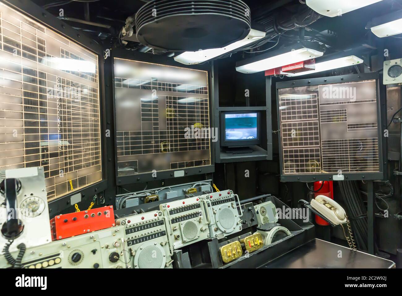 Capitan's brige control panel on military ship in uss midway museum ...