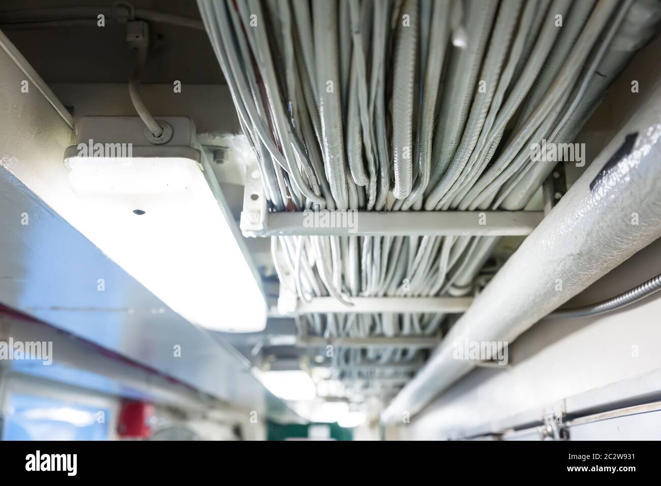 Military ship cable bunch. Electrical wires on aircraft carrier Stock ...