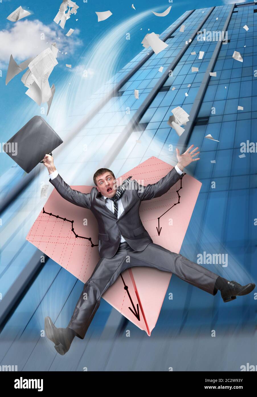 Scared businessman on paper airplane falling from business building ...