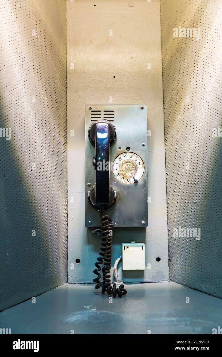 Military ship telephone communication. Retro phone on aircraft carrier ...