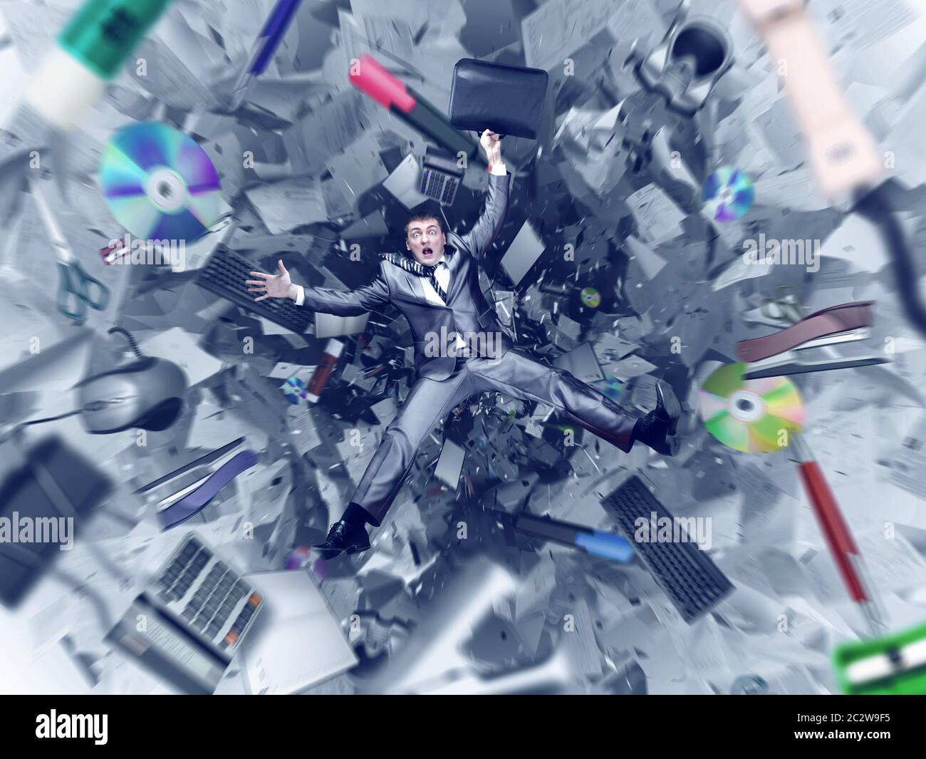 Afraid businessman is falling into office chaos abyss Stock Photo - Alamy