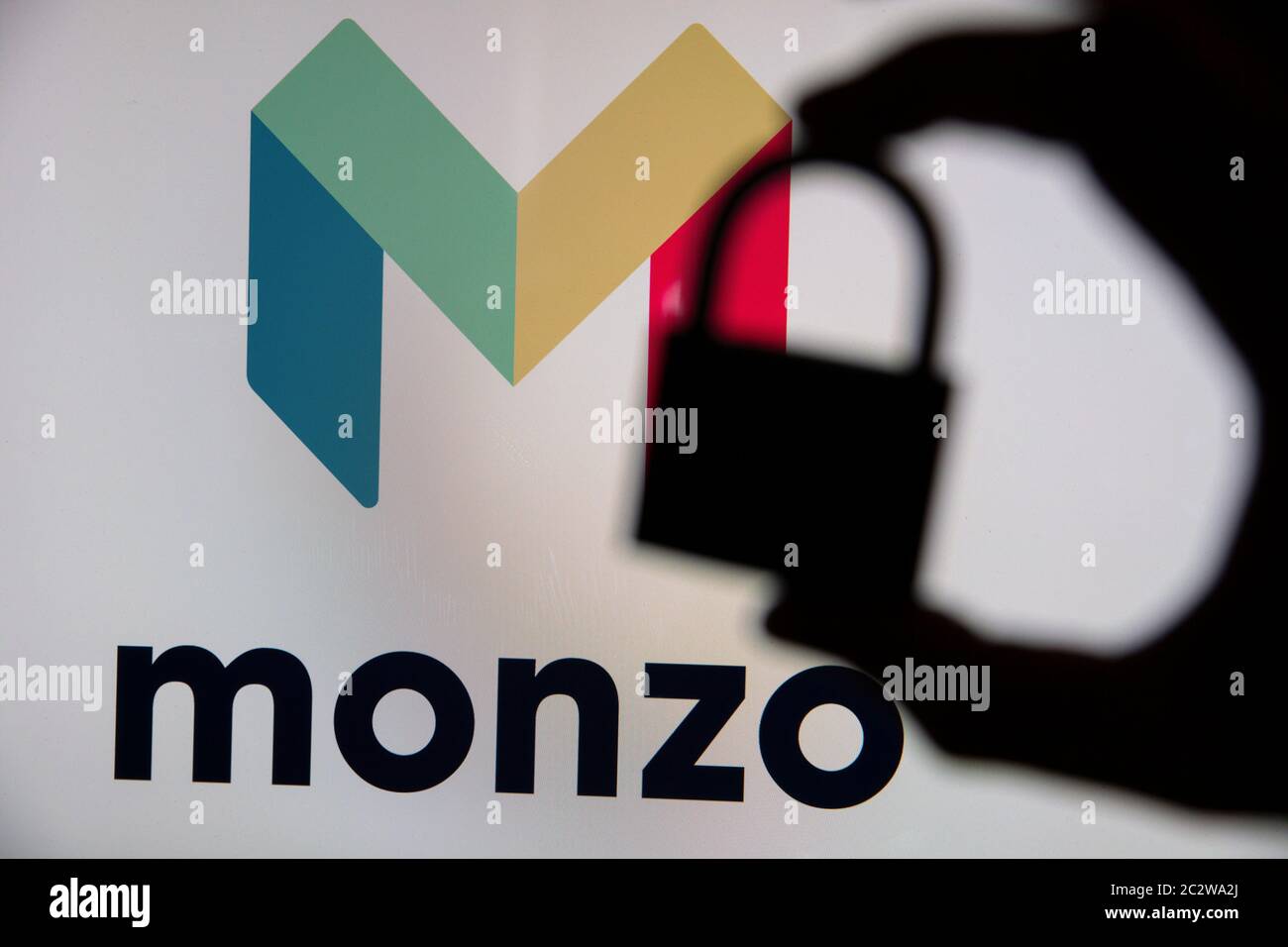 LONDON, UK - June 2020: Monzo online bank logo with security padlock ...