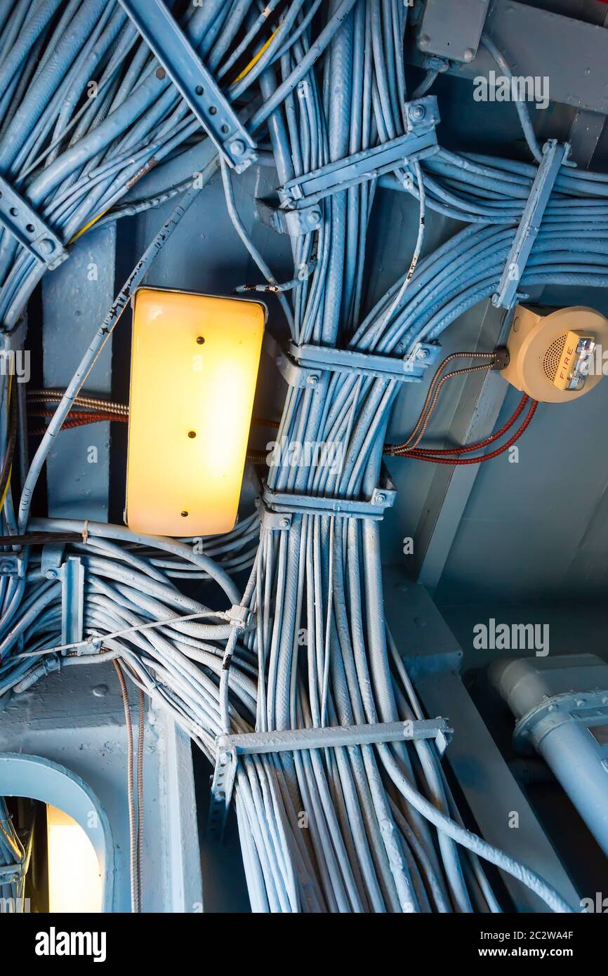 Aircraft carrier pipeline and wiring. Military marine communication ...