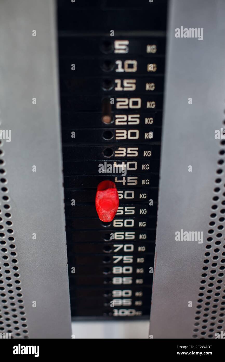 Close up of weight indicator in the gym, amount of weight on the ...