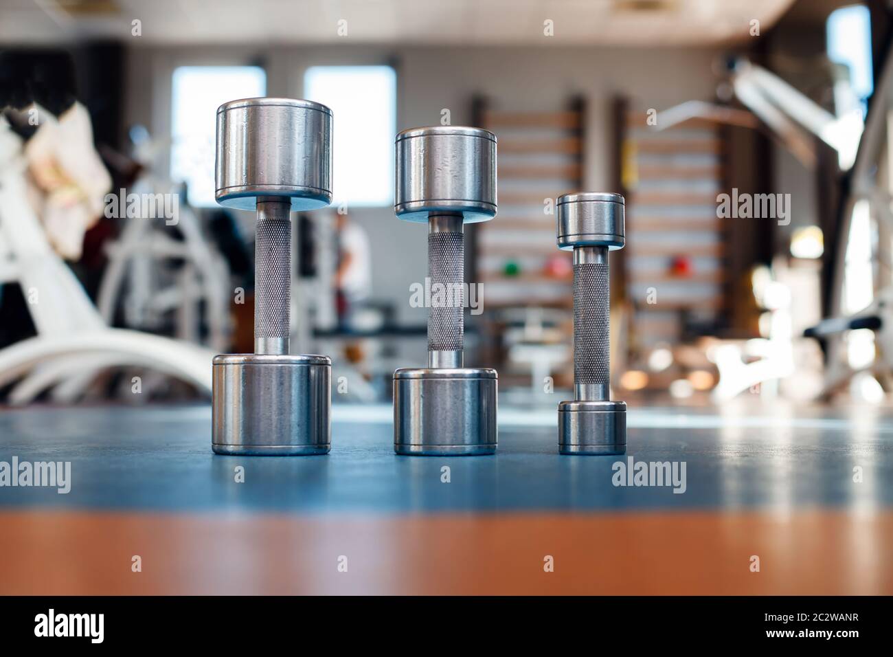 Three dumb bells of different size on the floor in the gym focused ...