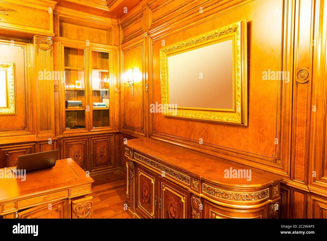 Luxury interior of parlor with wooden table and big mirror Stock Photo ...