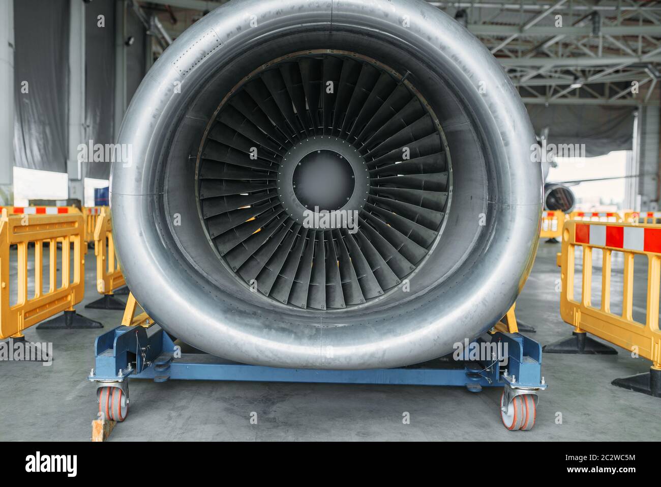 Jet turbine blade closeup, front view, nobody. Plane engine after ...