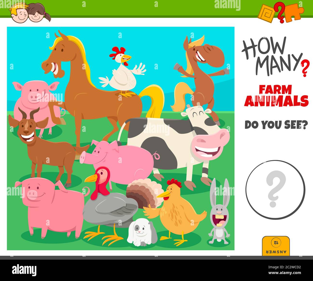 how many farm animals educational task for children Stock Photo - Alamy