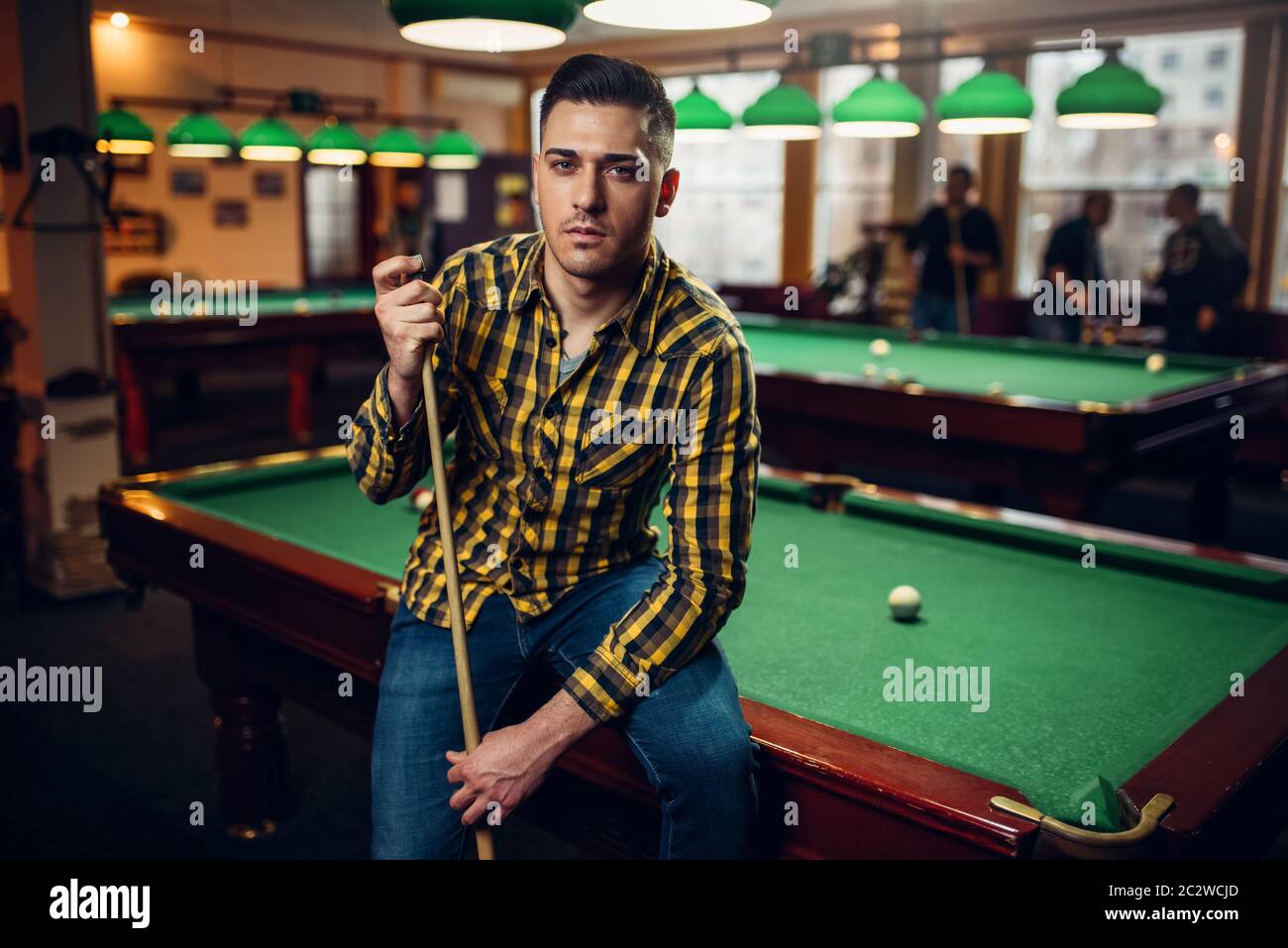 Male billiard player with cue poses at the green table. Man plays ...